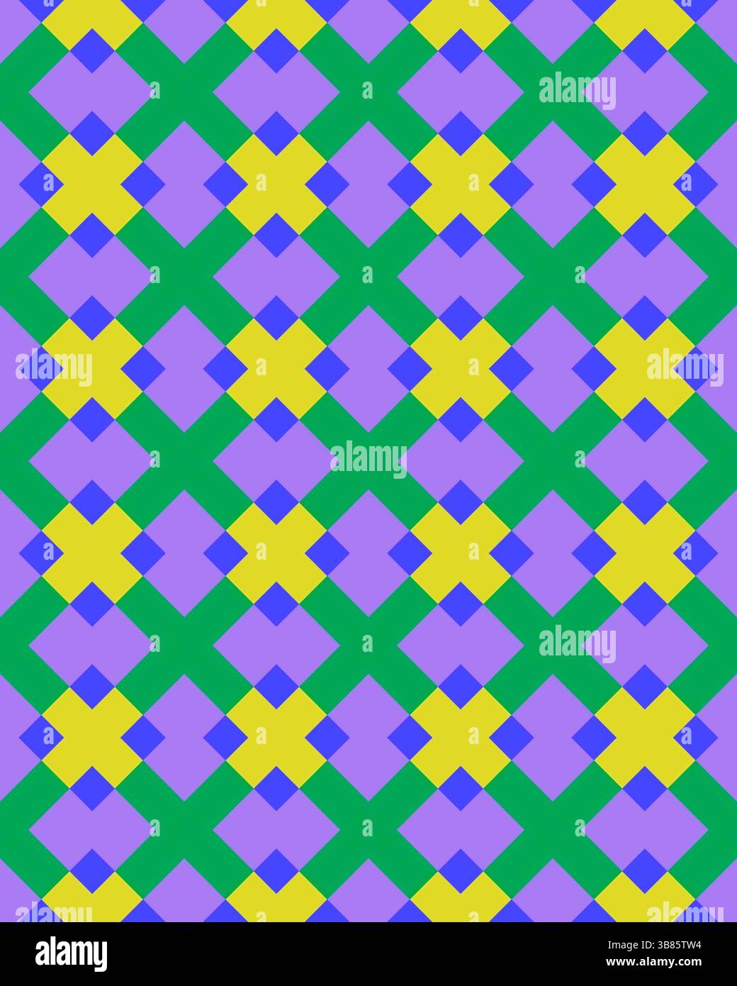 Bold geometric shapes in purple, green, and yellow create a vibrant ...