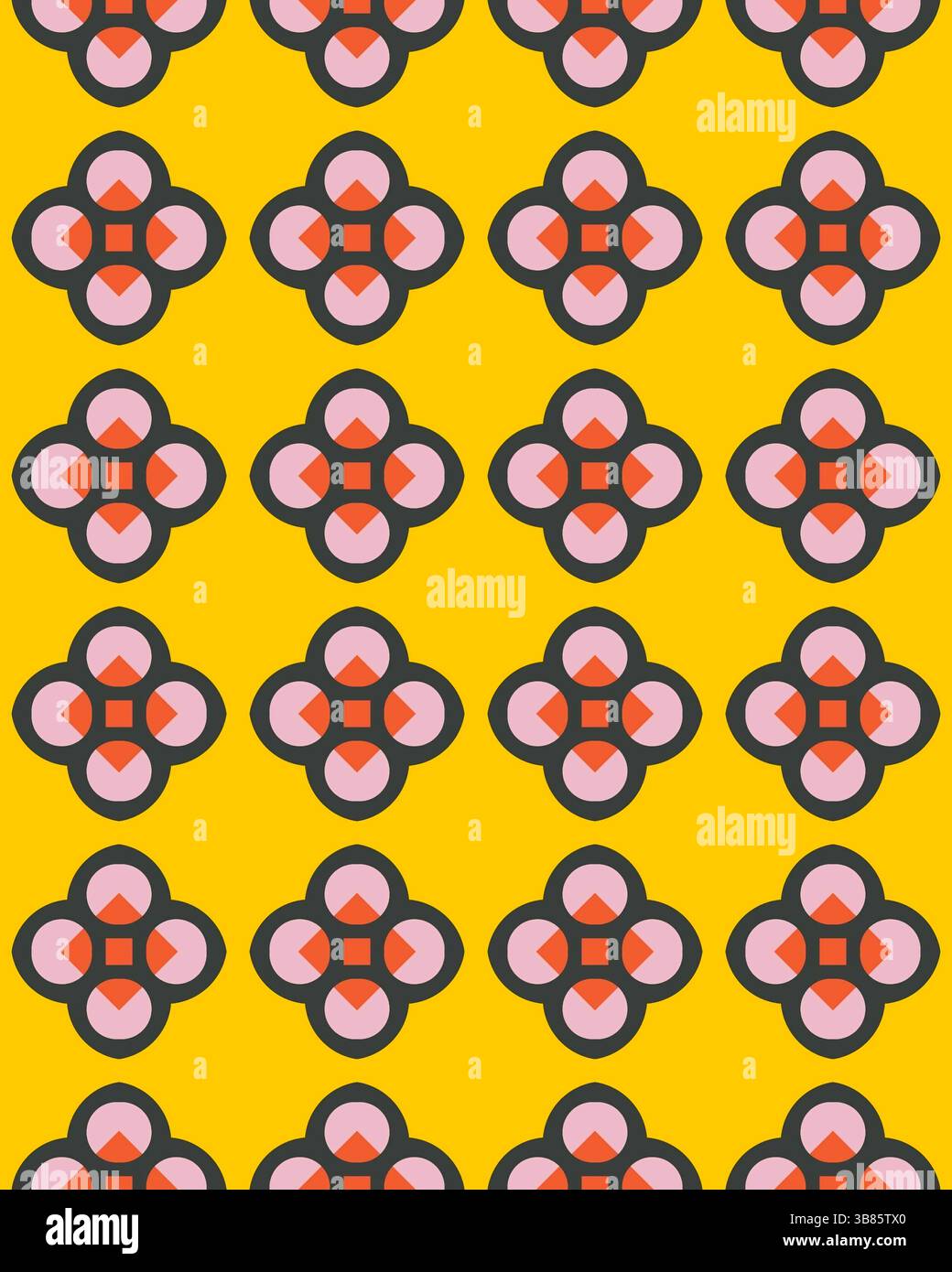 Bright yellow backdrop features a repeating floral pattern with shapes ...