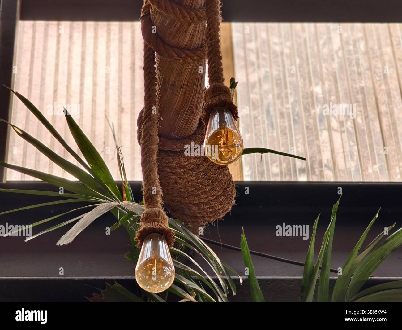 Decorative rustic ceiling lighting with natural rope and vintage bulbs ...