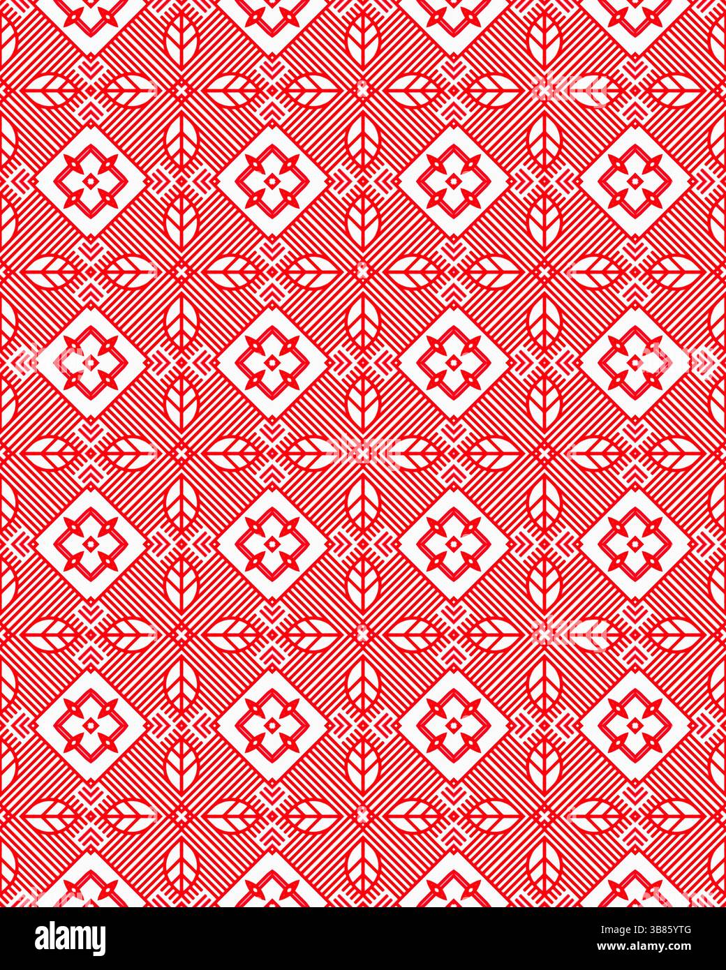 Decorative red and white pattern showcases geometric shapes and floral motifs, creating visual ...
