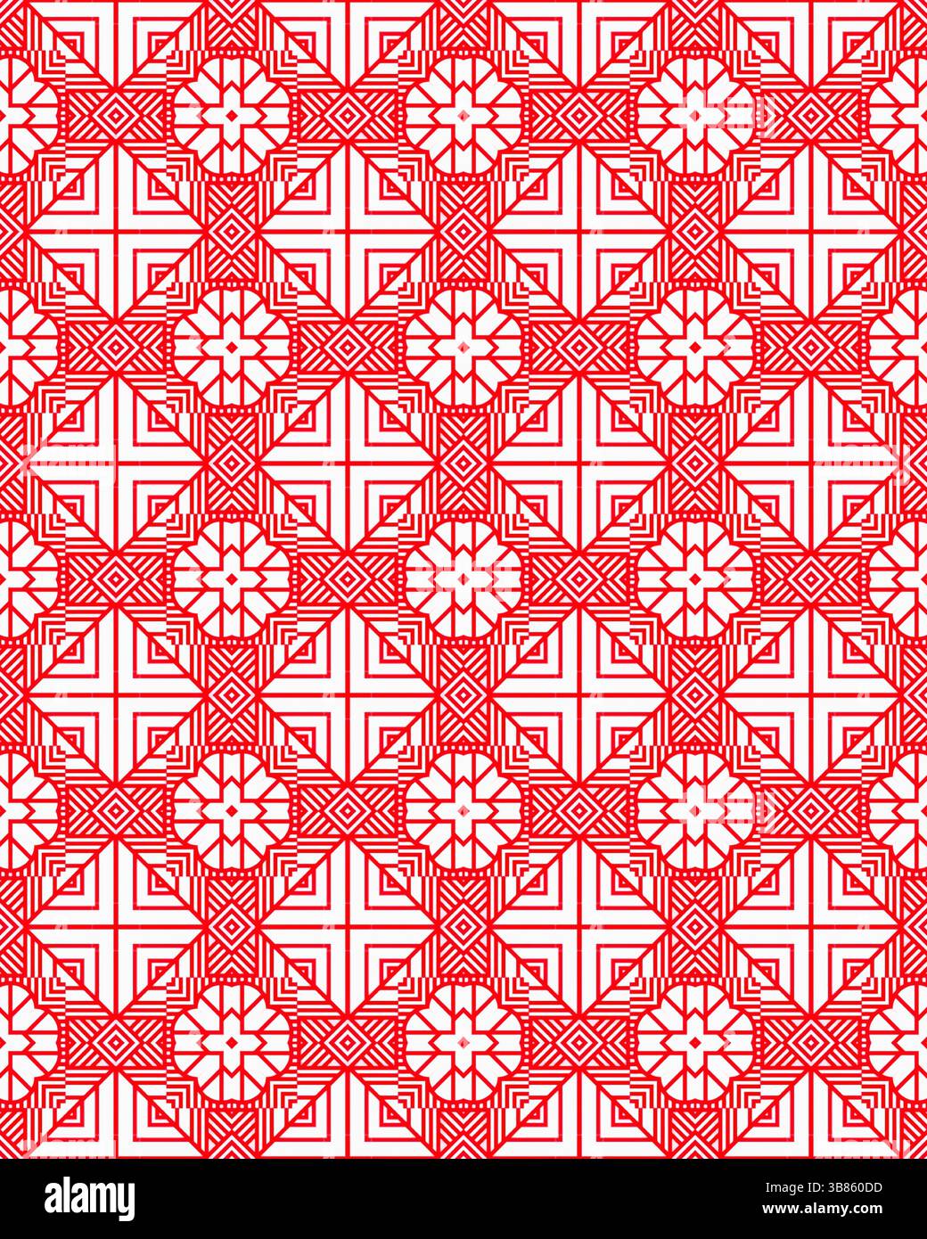 An intricate pattern of red and white geometric shapes creates a ...