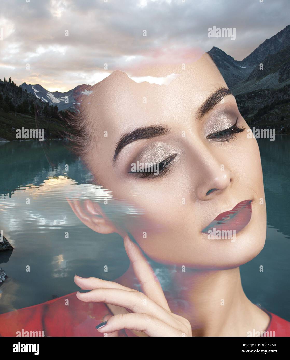 Double exposure portrait of young woman and nature landscape Stock ...