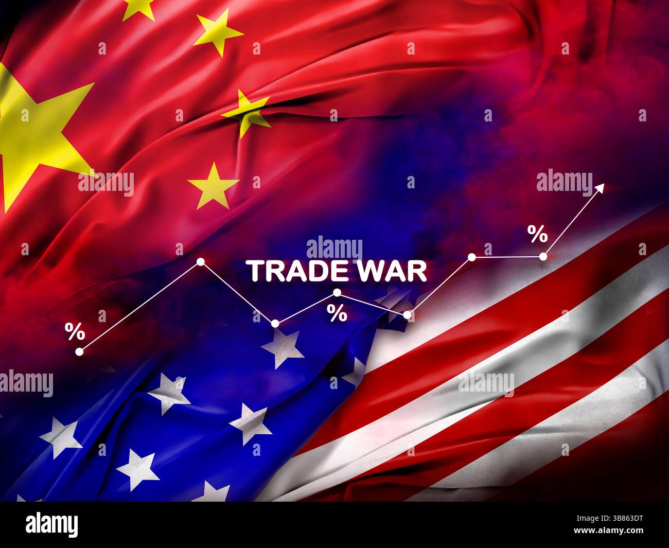 China and US flags with trade war text and graph chart line ...
