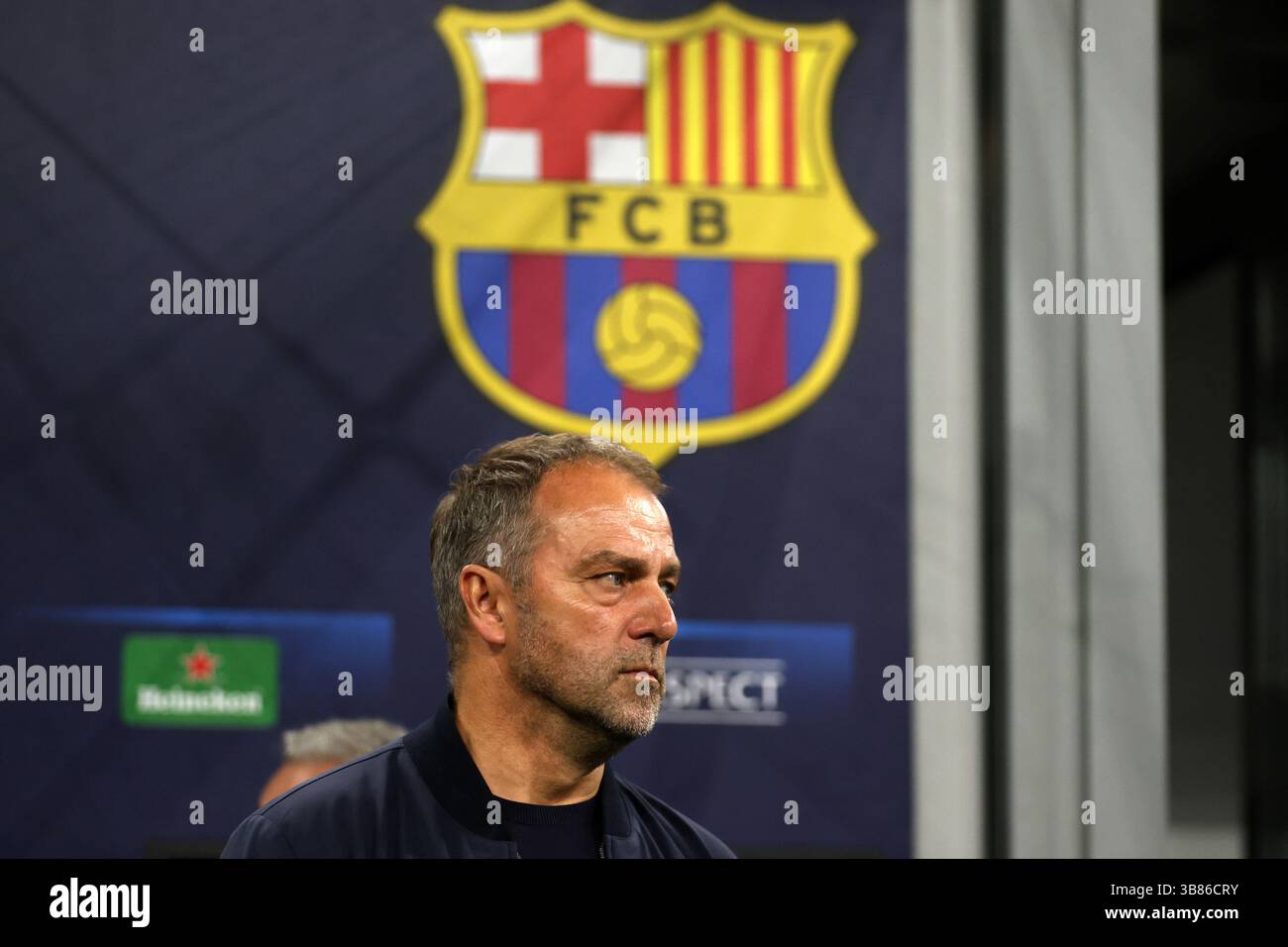 Milano, Italy. 06th May, 2025. Hansi Flick, head coach of Fc Barcelona looks on during the UEFA ...