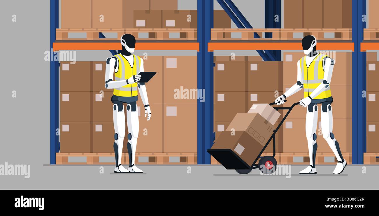 Automated humanoid robots working in the warehouse, they are moving ...