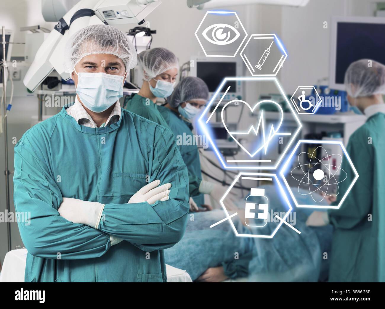Surgery team in a surgical room with futuristic healthcare icons Stock ...