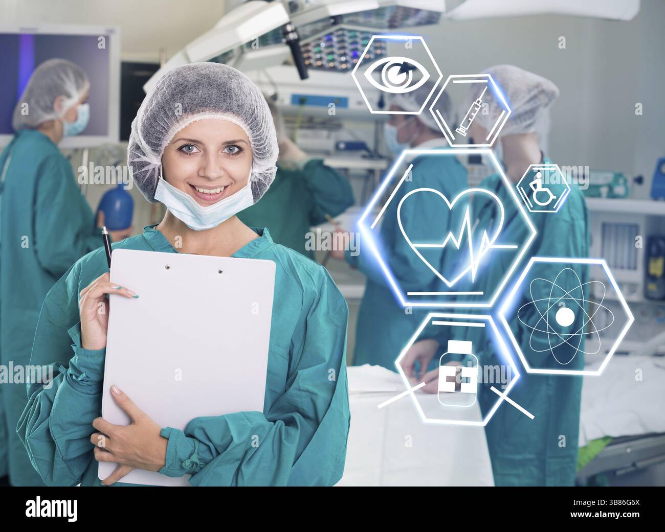 Surgery team in a surgical room with futuristic healthcare icons Stock ...
