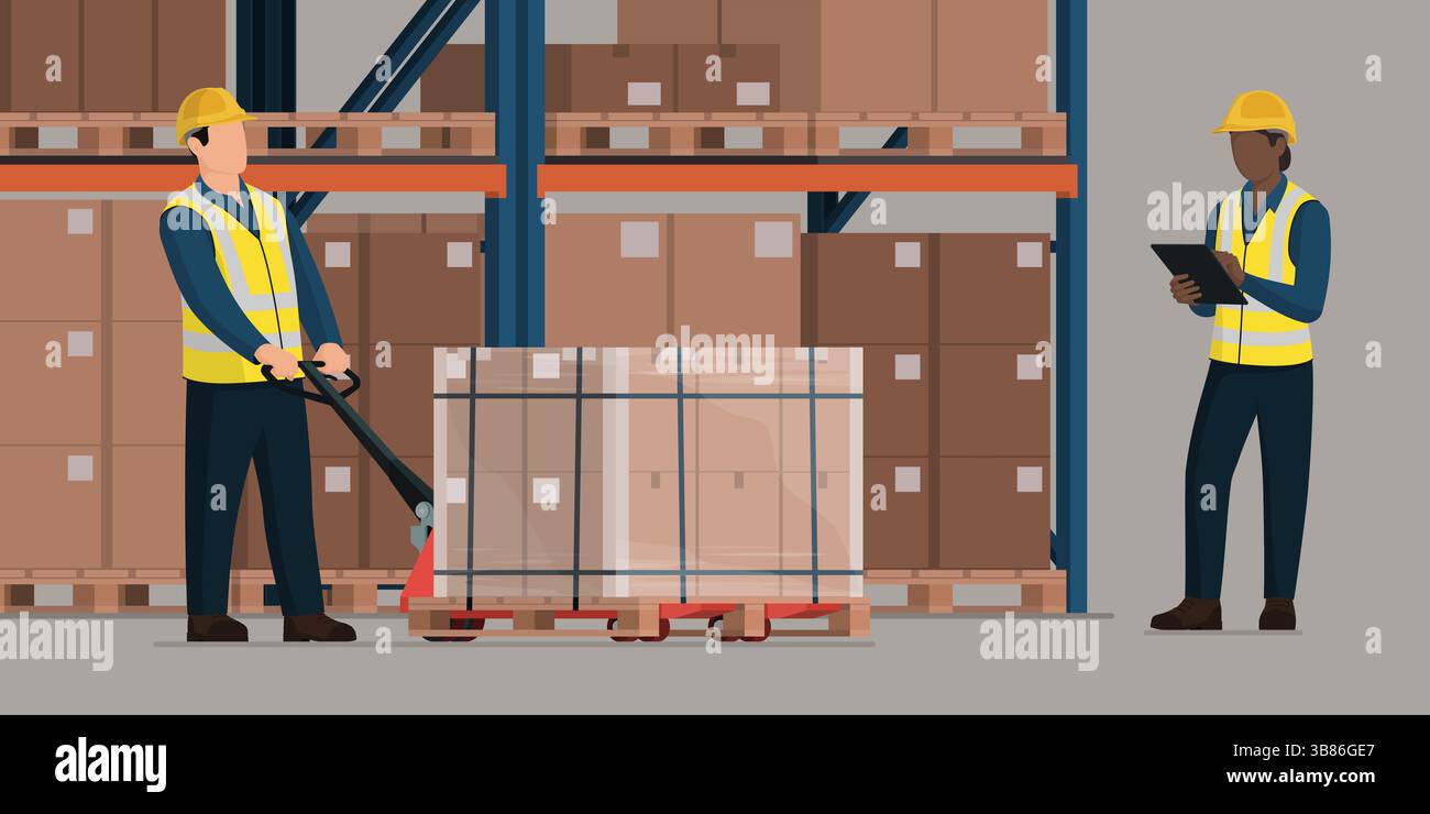 People working together in a warehouse, they are moving boxes and ...