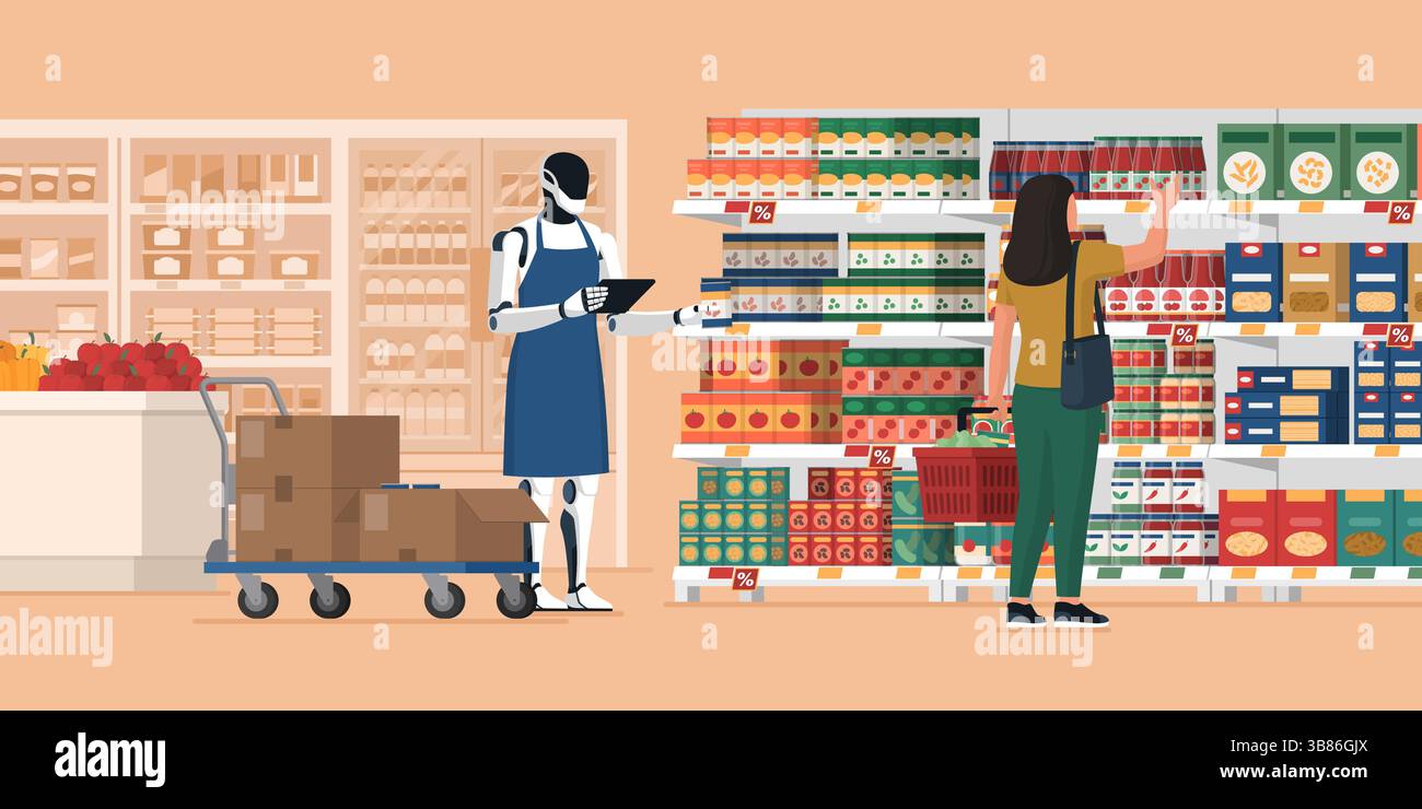 Customer buying groceries at the supermarket and humanoid robot working ...