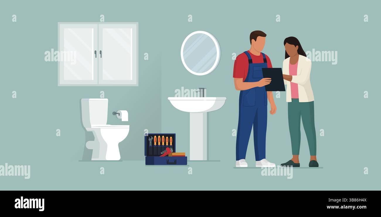 Professional plumber showing an invoice to a female customer Stock ...