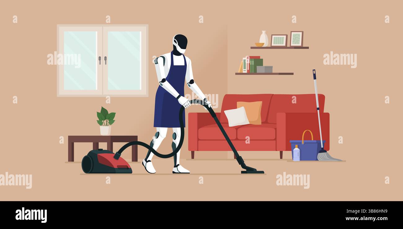 Efficient humanoid robot doing household chores, he is vacuuming the ...