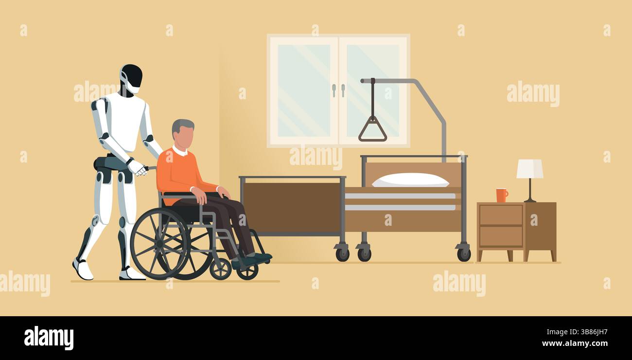 AI humanoid robot helping a senior person in a wheelchair at the ...
