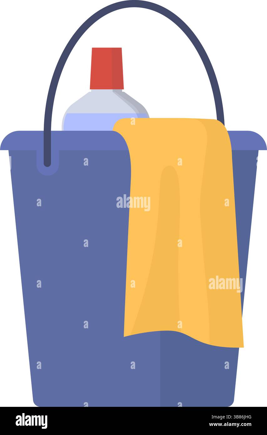 Detergent, bucket and cloth for housecleaning, cleaning supplies ...