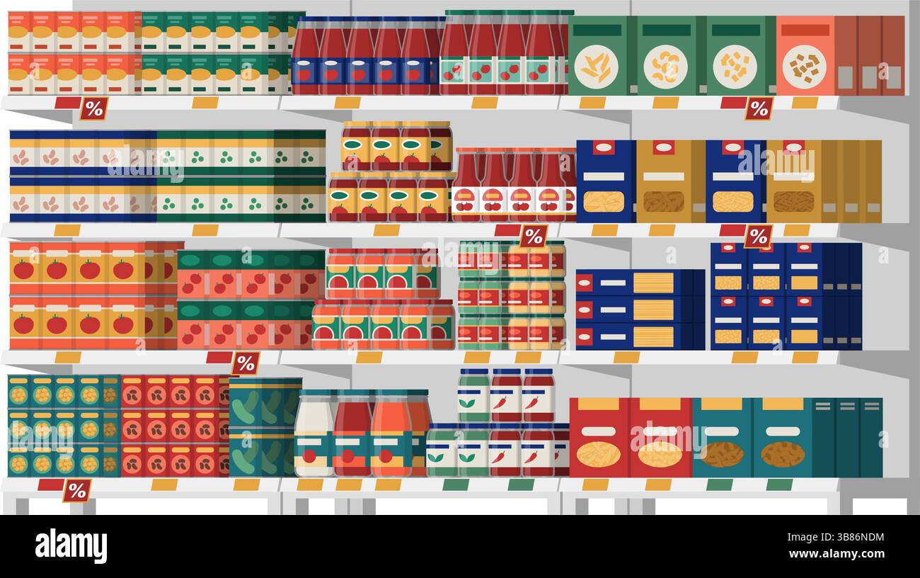 Clean organized grocery store shelves with food: canned food, sauces in jars and boxed pasta ...