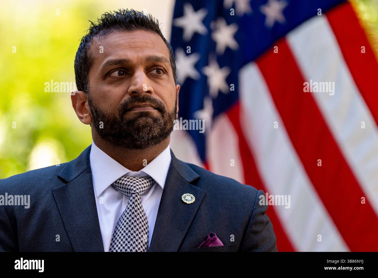 FBI Director Kash Patel listens during a news conference at the ...