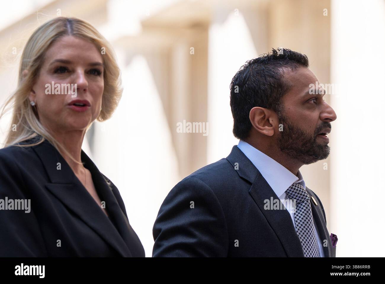 Attorney General Pam Bondi, left, and FBI Director Kash Patel speak ...