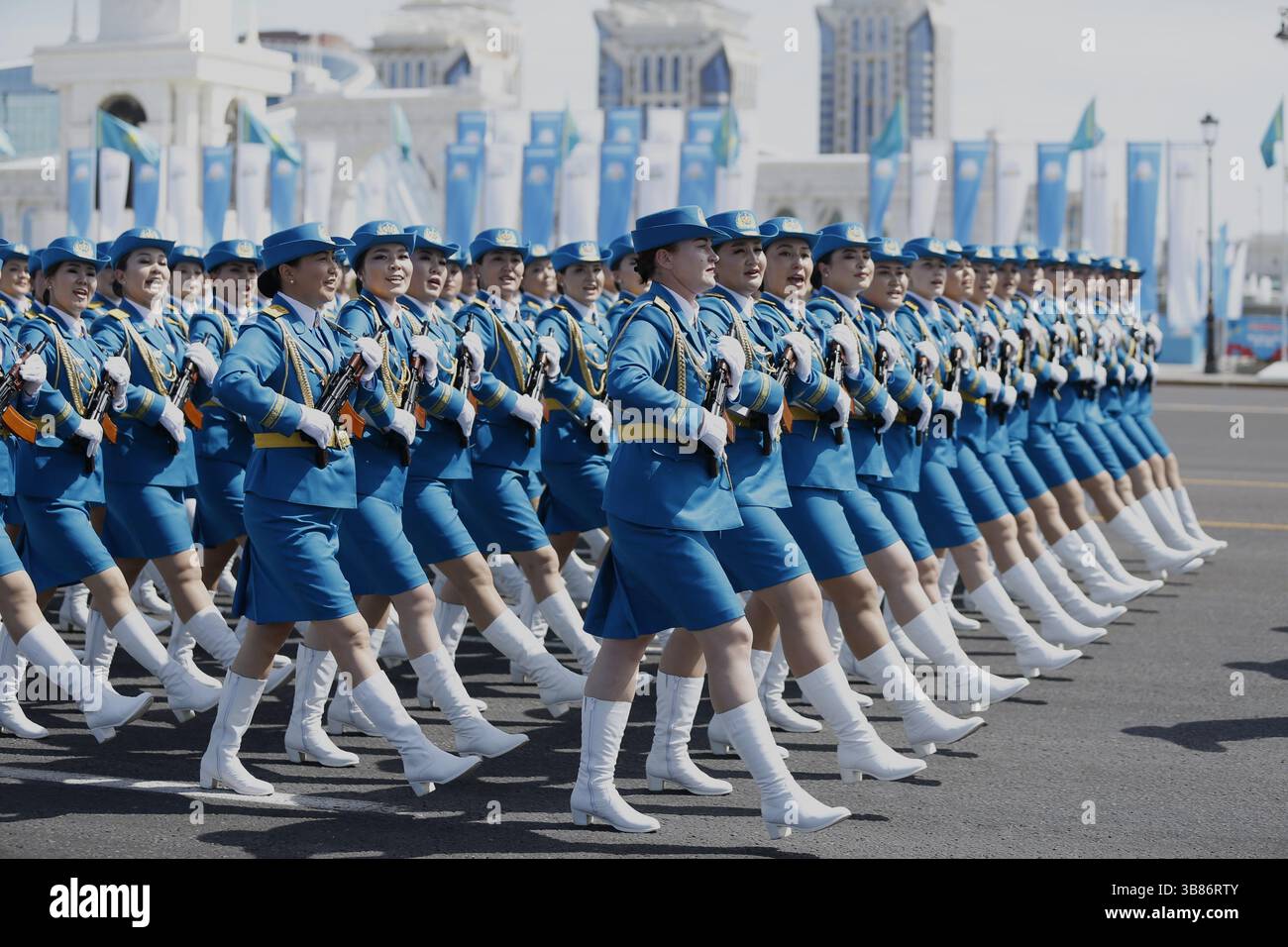 Astana, Kazakhstan. 7th May, 2025. Kazakh troops march during a ...