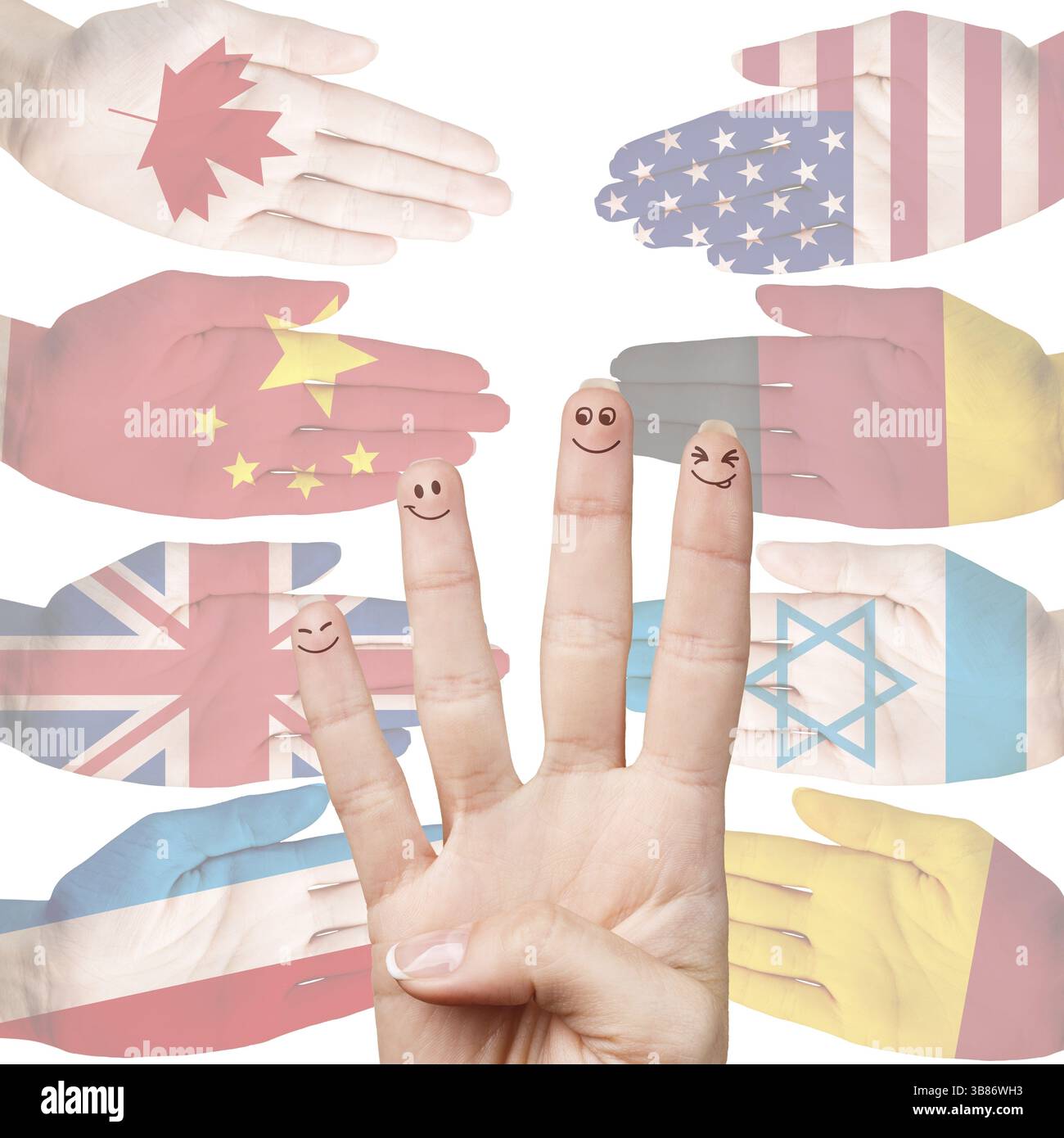 Many hands with different country flags painted on them isolated on ...