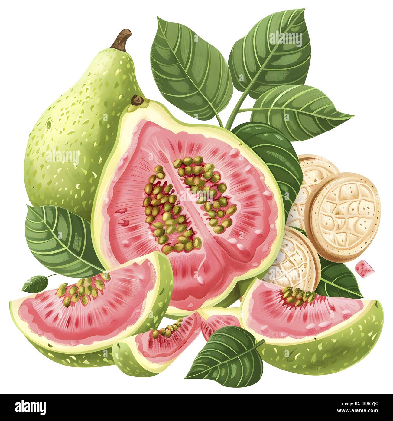 Colorful guava with leaves, showcasing the fresh pink pulp and seeds in ...