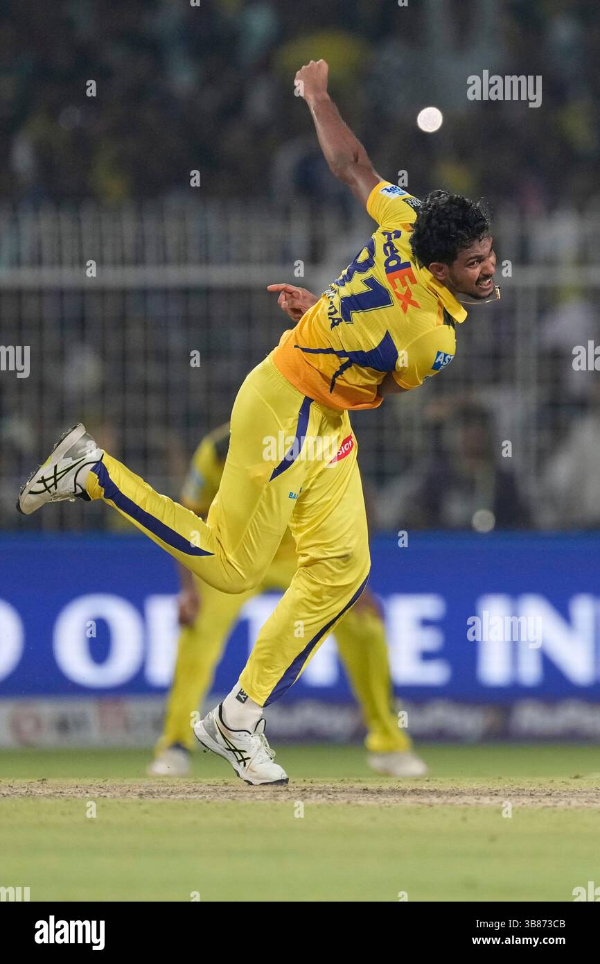 Chennai Super Kings' Matheesha Pathirana bowls a delivery during the ...