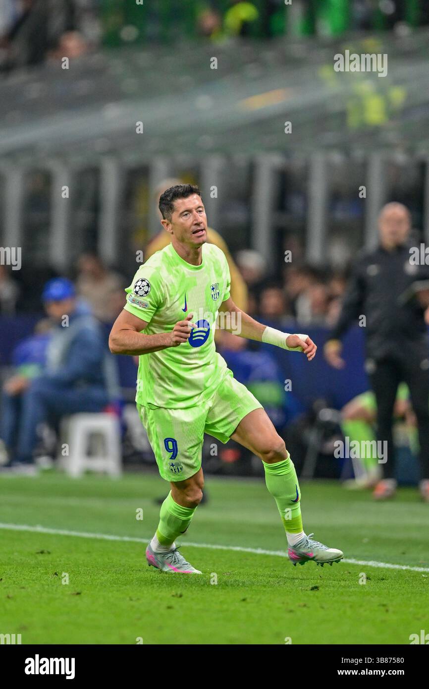 Milano, Italy. 06th May, 2025. Robert Lewandowski (9) of FC Barcelona ...