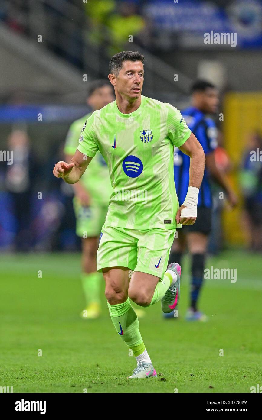 Milano, Italy. 06th May, 2025. Robert Lewandowski (9) of FC Barcelona ...
