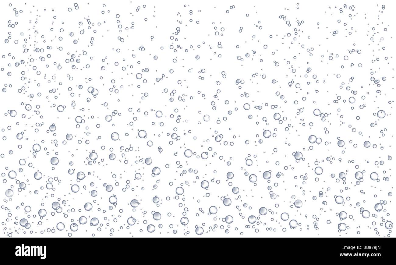 Oxygen air bubbles flow in water. Banner with fizzy drink, champagne or ...