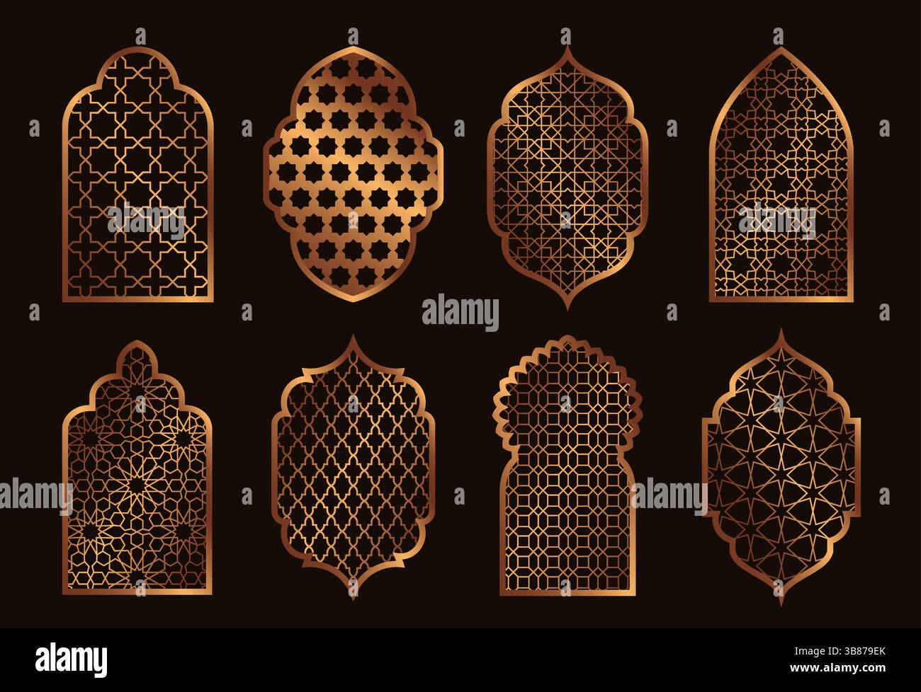 Set of golden windows in arabic style. Traditional Islamic frames ...