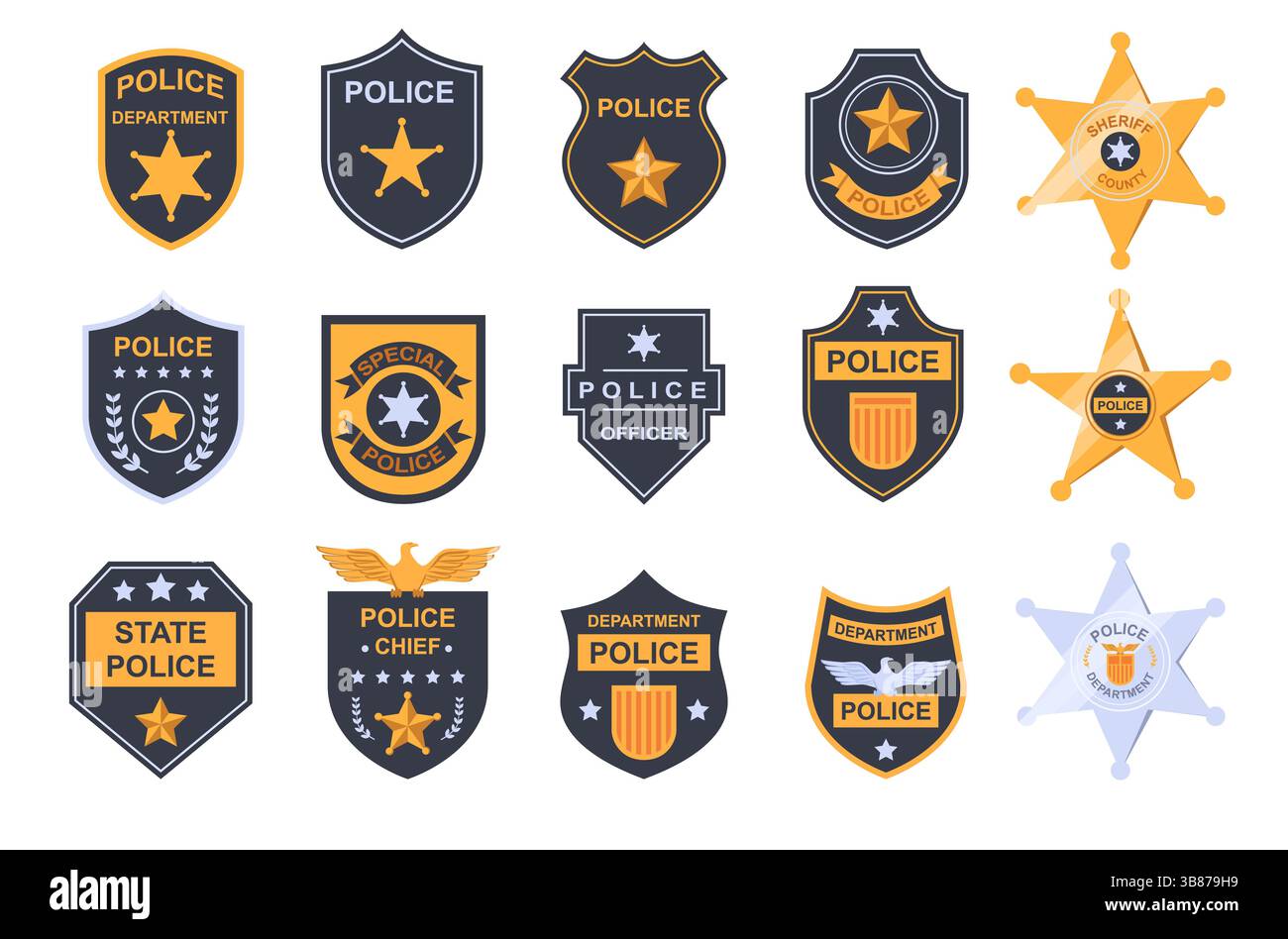 Police labels set. Stickers with patches, insignia and gold badges of ...