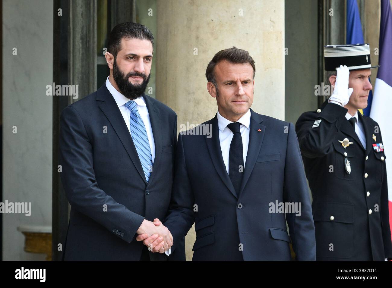 Paris, France. 07th May, 2025. French President Emmanuel Macron welcomes Interim President of ...