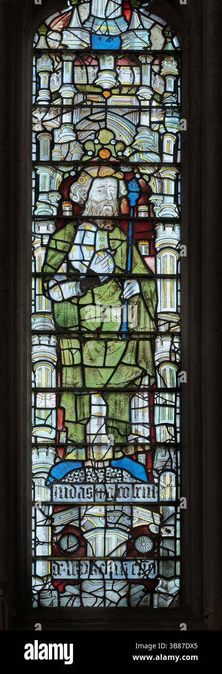 Medieval stained-glass window, of Judas Maccabeus, in the ante-chapel ...