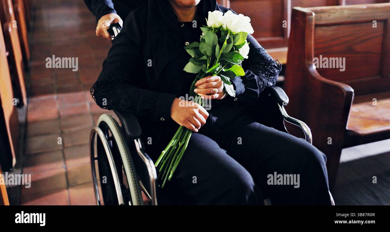 Funeral, grief and person with wheelchair at church, mourning and ...