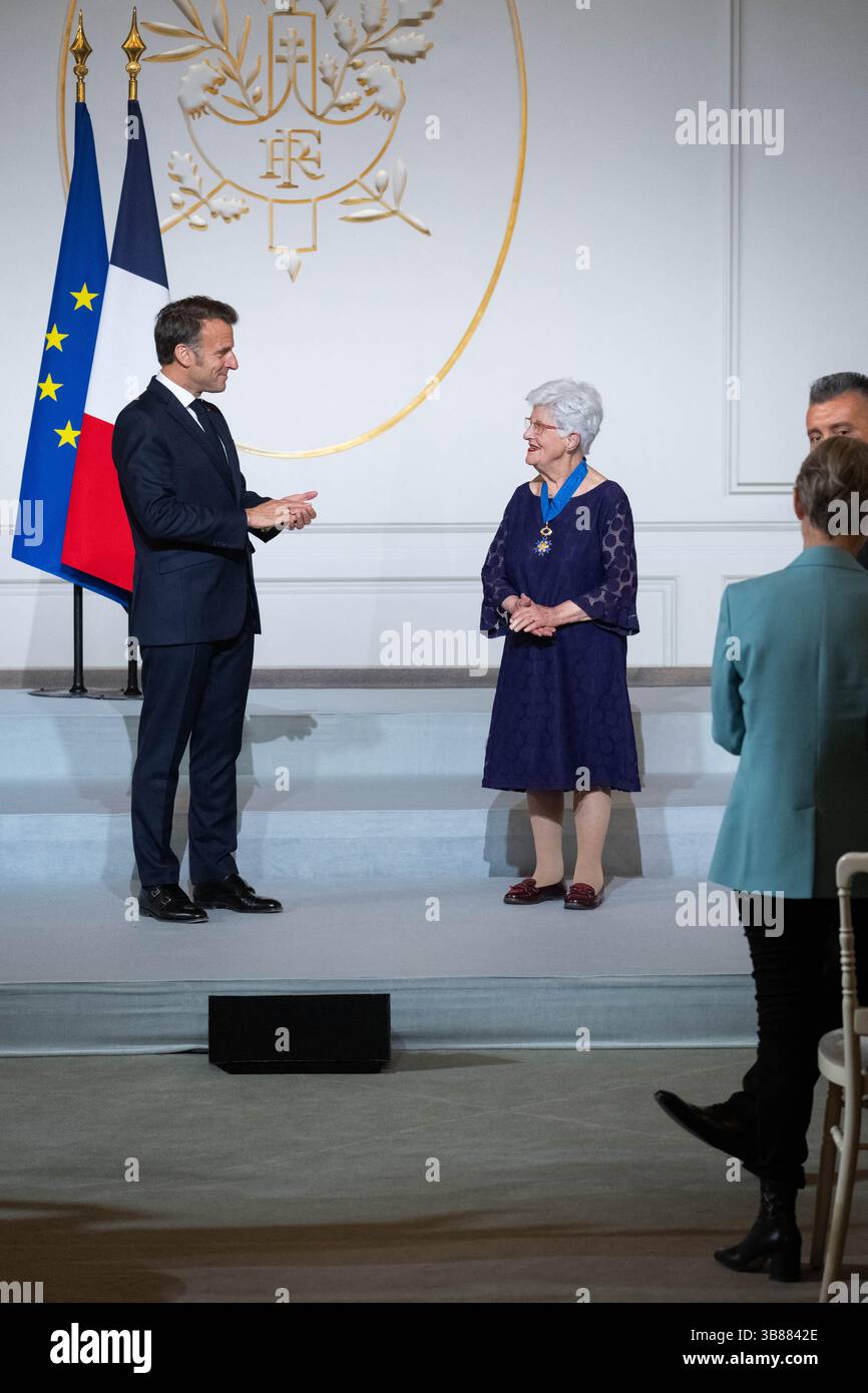 Paris, France. 07th May, 2025. Emmanuel Macron, French President awards Holocaust survivor ...