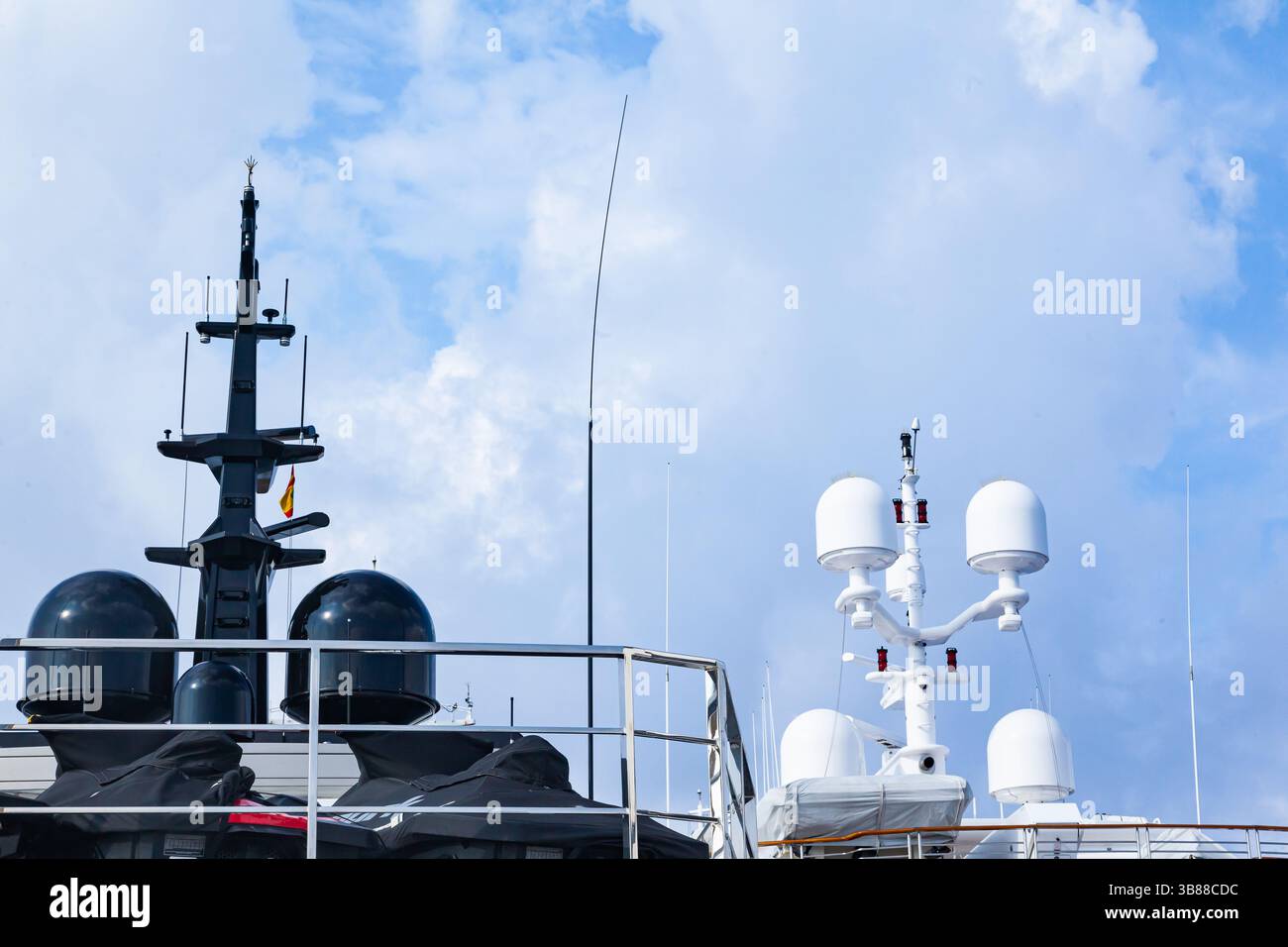 Mast of a large luxury yacht with navigation equipment, bottom view ...
