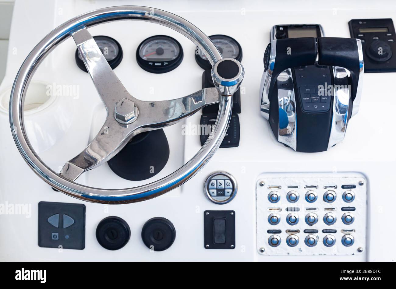 Luxury yacht control panel with steering wheel, gear levers, navigation ...