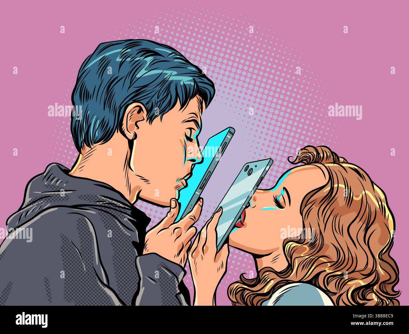 Man and woman kissing through phone screens. Long distance love. Dating ...