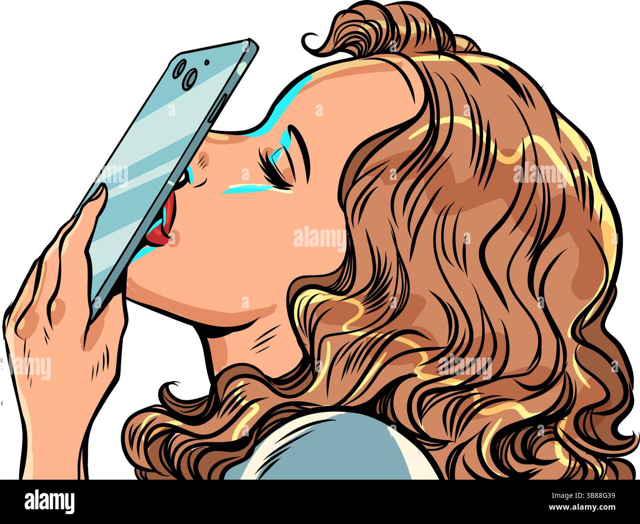 Woman kissing phone screen. Finding relationships on dating app. Love with artificial ...