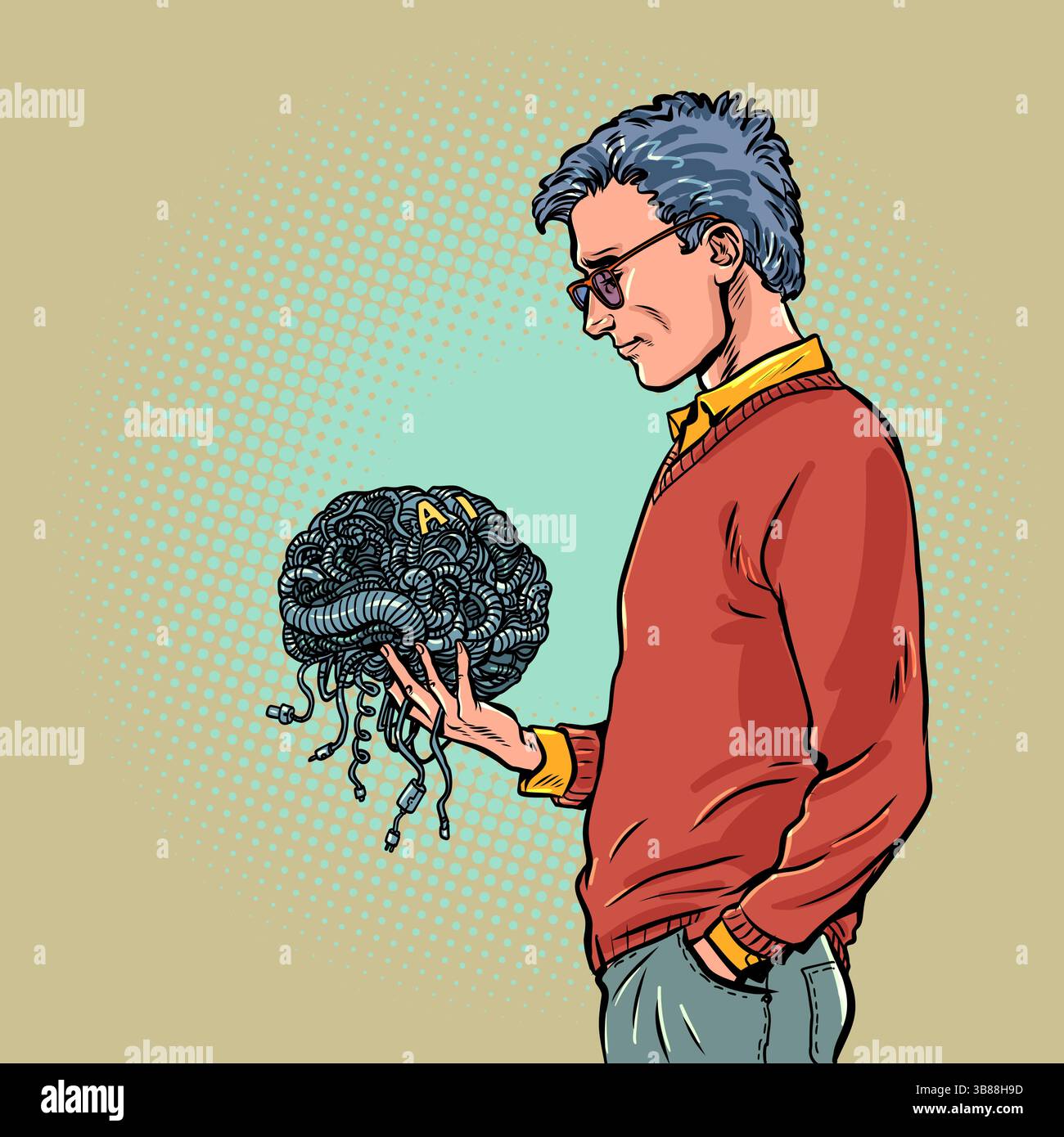A man's reflection on the creation of intelligence. A man holds the ...