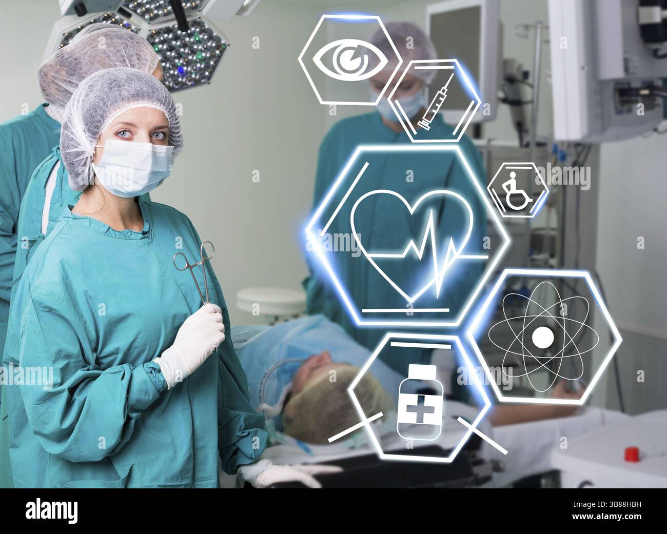 Surgery team in a surgical room with futuristic healthcare icons Stock ...