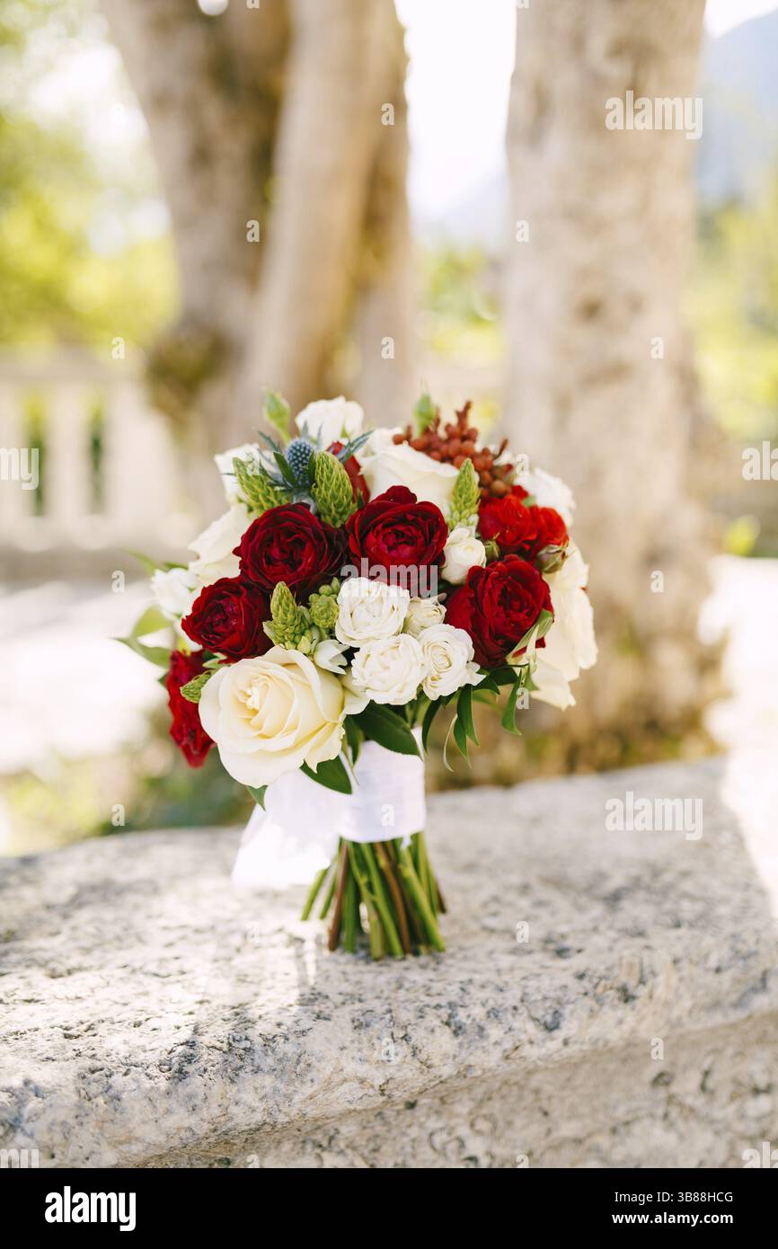 Bridal bouquet of white, read and cream roses, ornithogalum, eryngium ...