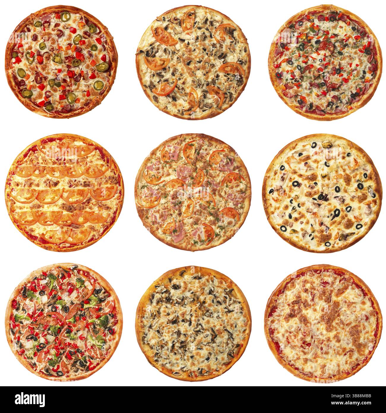 Set of 9 different pizza. Isolated on white. Top view Stock Photo - Alamy