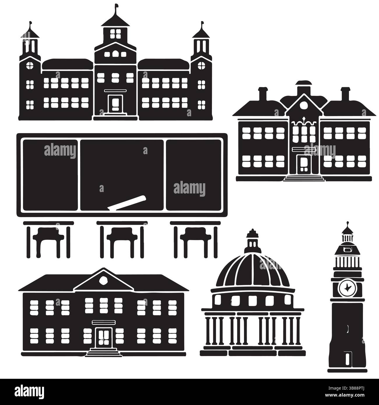 set of black vector school buildings silhouette, School Building and ...