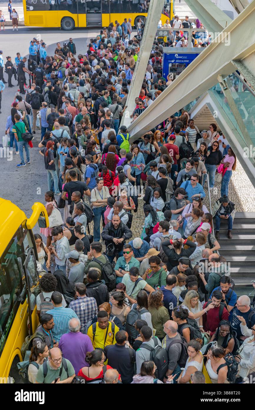 Lisbon, Portugal: April 28, 2025: Crowded bus stop during the Iberian ...
