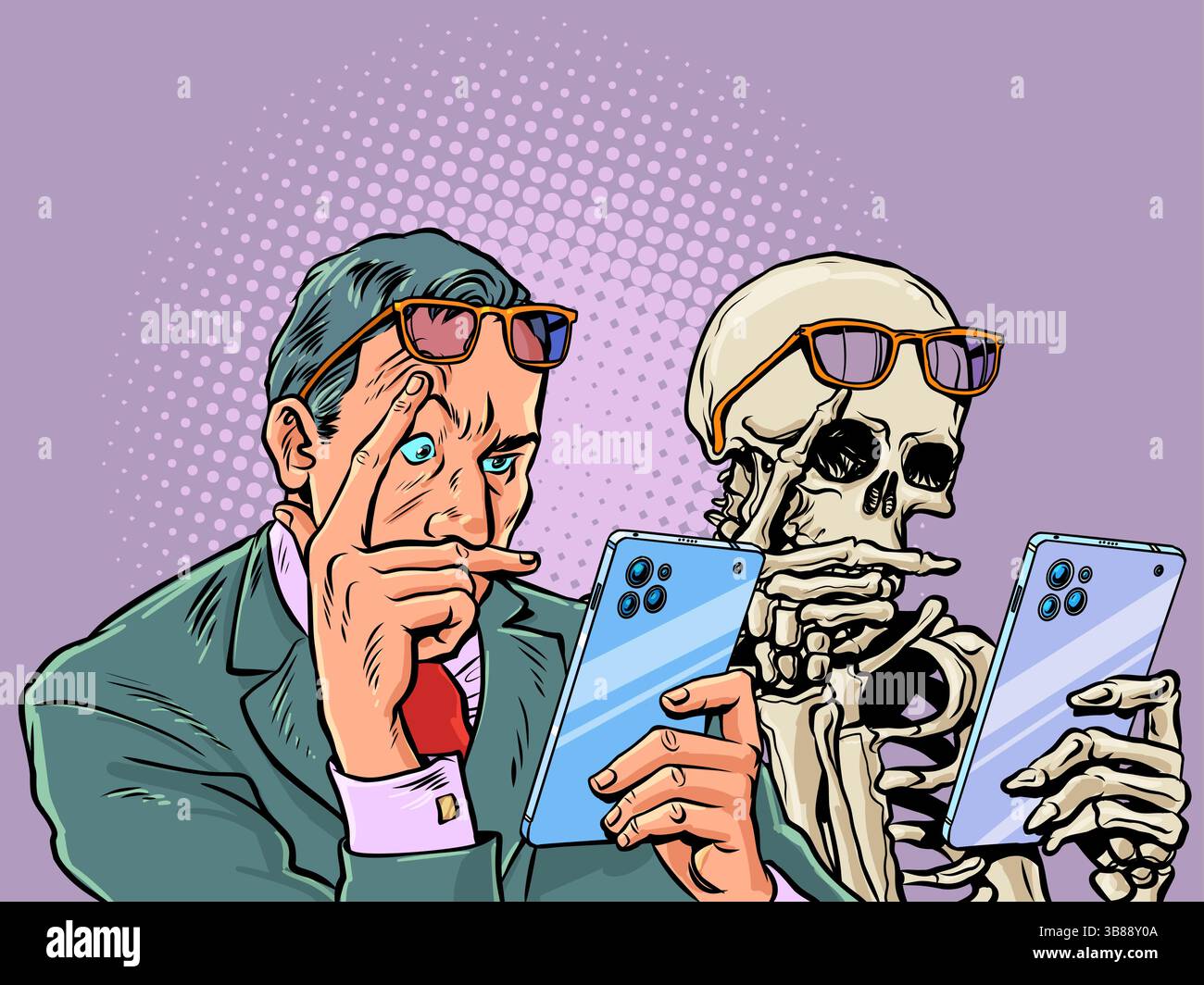 A man and a skeleton looking at a phone. The transience of time while ...