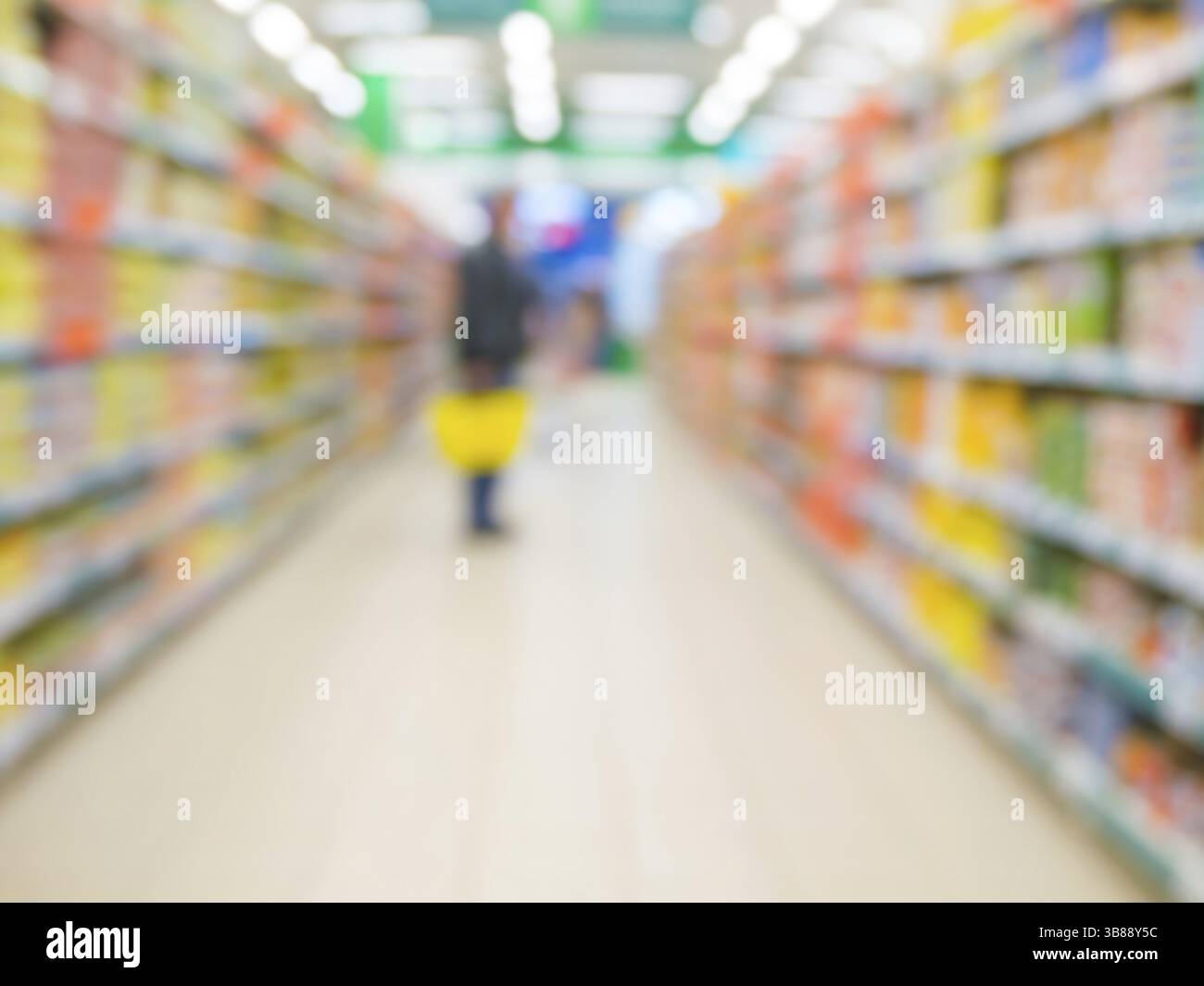 Abstract blurred supermarket aisle with colorful shelves and ...