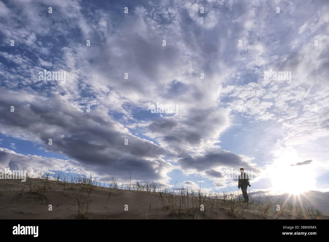 Tourist walking along the edge of the sand dune. Large barkhan in ...