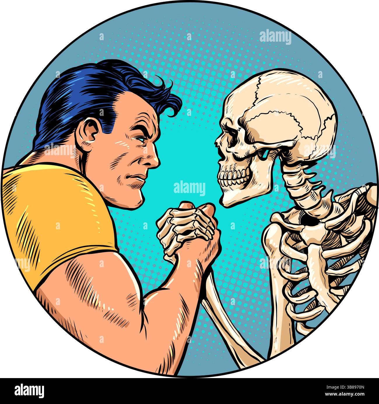 Death and man fight each other. Arm wrestling between opposites. Taking ...