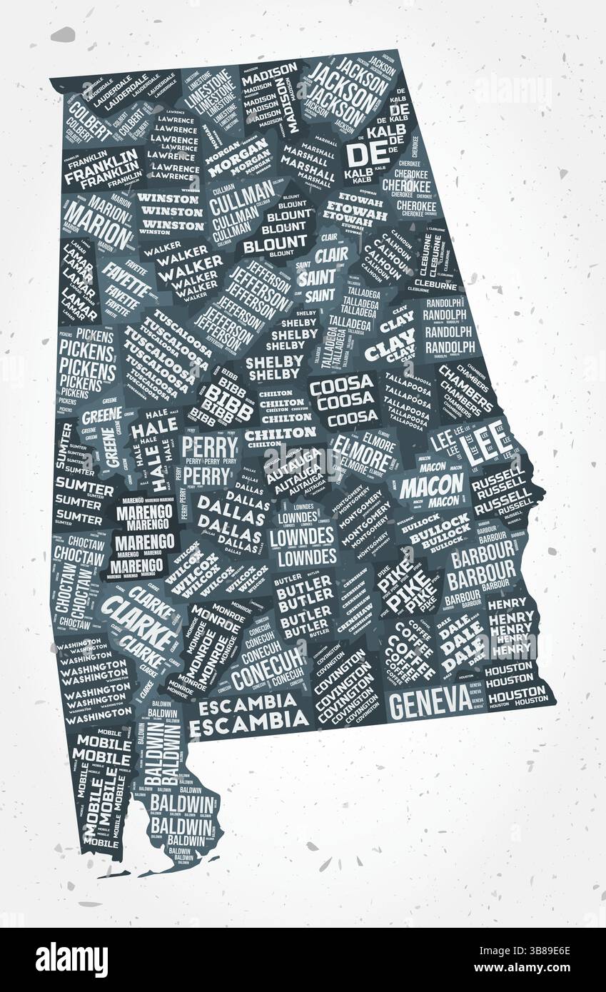 Alabama counties word clouds. State shape on textured background ...