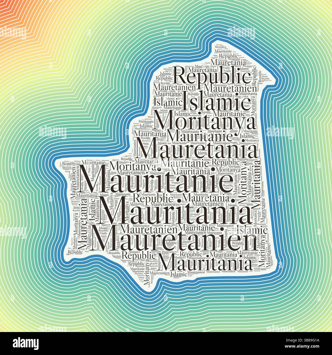 Mauritania shape formed by country name in multiple languages ...
