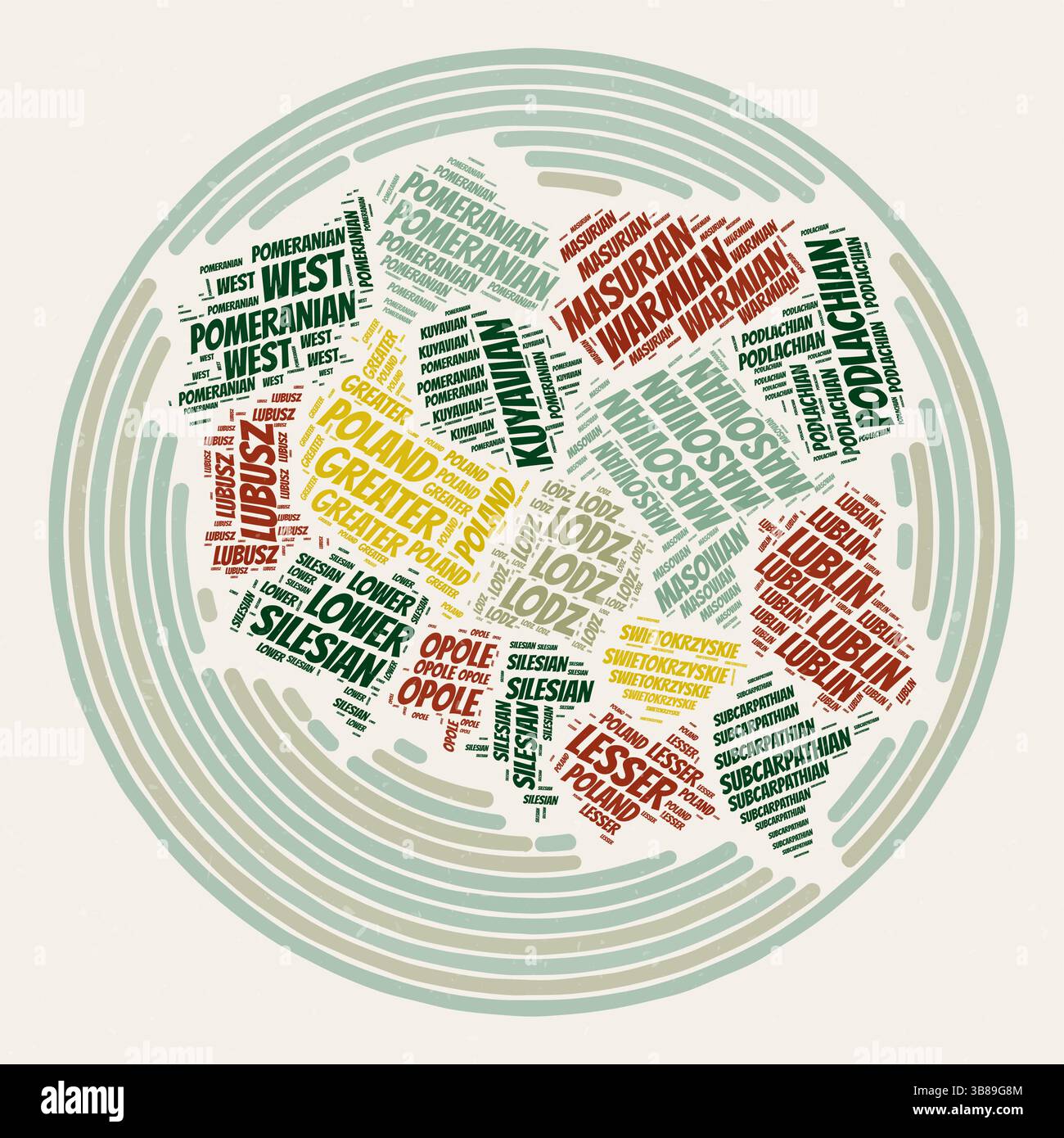 Poland Round Poster. Typography style image of the country. Regions ...
